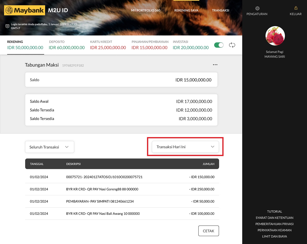 Panduan cetak mutasi rekening